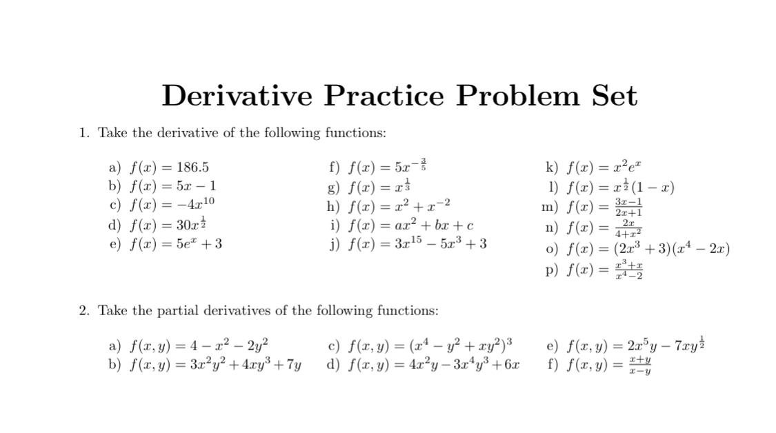 Solved Derivative Practice Problem SetTake the derivative of | Chegg.com