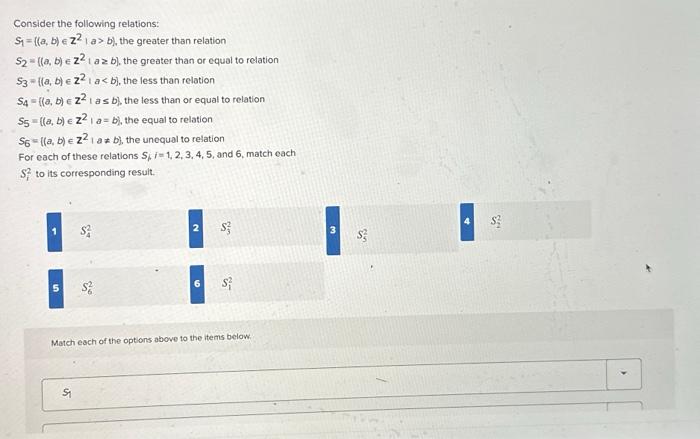 Solved Consider the following relations: S1={(a,b)∈Z2∣a>b}, | Chegg.com