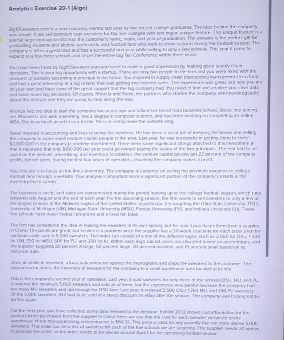 Solved Analytics Exercise 20-1 (Algo)Big10Sweaters com s a | Chegg.com