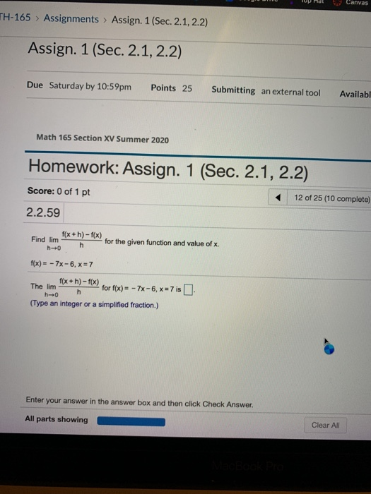 Solved Canvas TH-165 > Assignments > Assign. 1 (Sec. 2.1, | Chegg.com