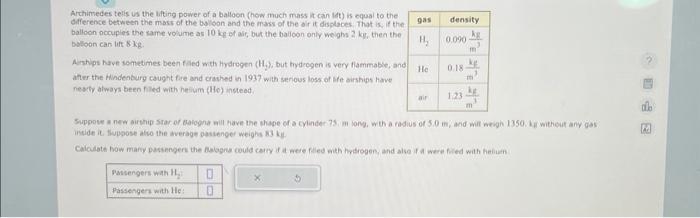Solved Archimedes tells us the lifting power of a balloon | Chegg.com