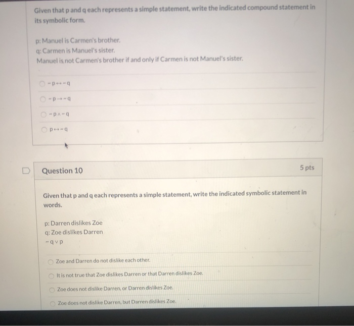Solved Given that p and each represents a simple statement, | Chegg.com