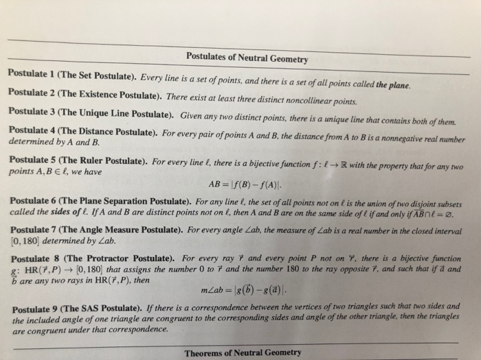 Solved Postulates of Neutral Geometry Postulate 1 (The Set | Chegg.com