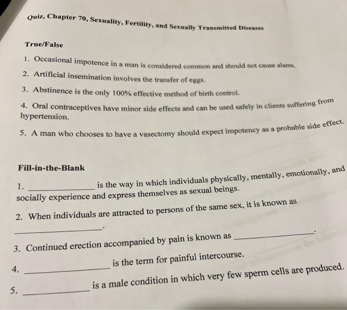 Solved Quiz, Chapter 70, Sexuality, Fertility, and Sexually | Chegg.com