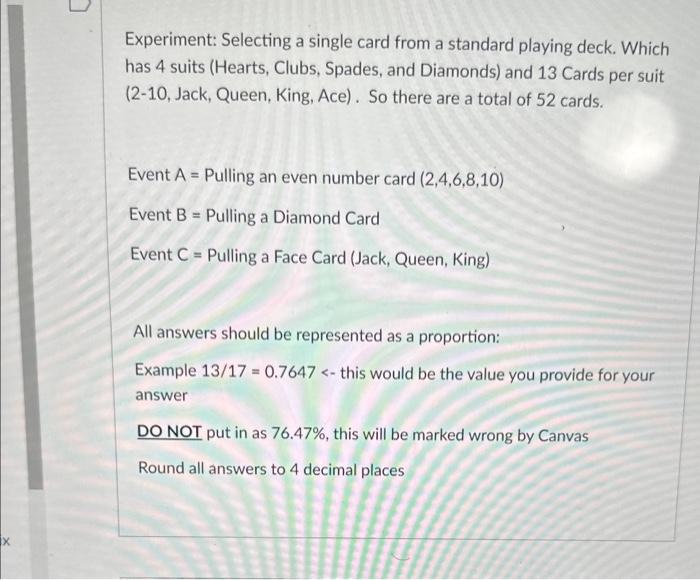 Solved Experiment: Selecting a single card from a standard | Chegg.com