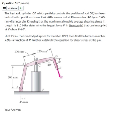 Solved Question 3 (2 ﻿points)The hydraulic cylinder CF, | Chegg.com