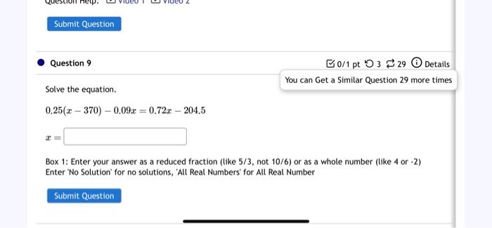 Solved Solve the equation. 0.25(x−370)−0.09x=0.72x−204.5 x= | Chegg.com