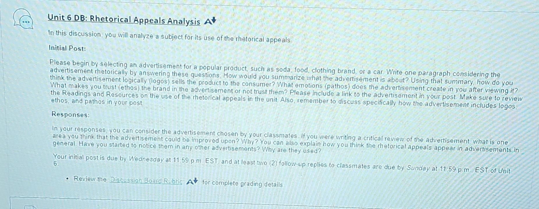 Unit 6 DB: Rhetorical Appeals Analysis In this | Chegg.com