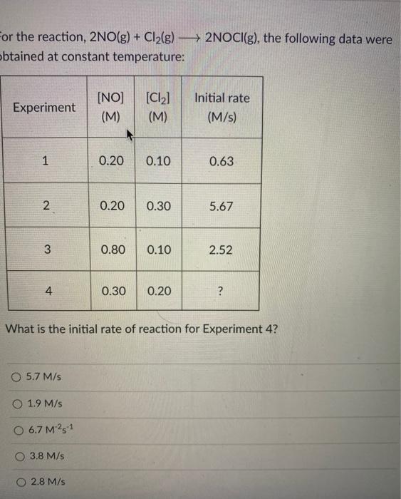 Solved For the reaction, 2NO(g) + Cl2(g) + 2NOCI(g), the | Chegg.com