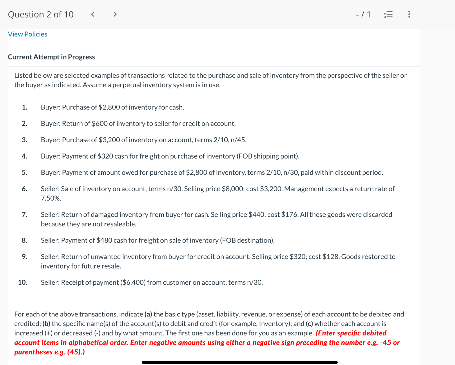 Solved Question 2 ﻿of 10/ 1View PoliciesCurrent Attempt in | Chegg.com