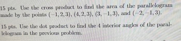 Solved Use the cross product to find the area of the | Chegg.com