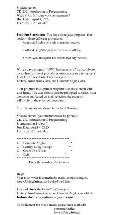 Solved Student name: CIS 232 Introduction to Programming | Chegg.com