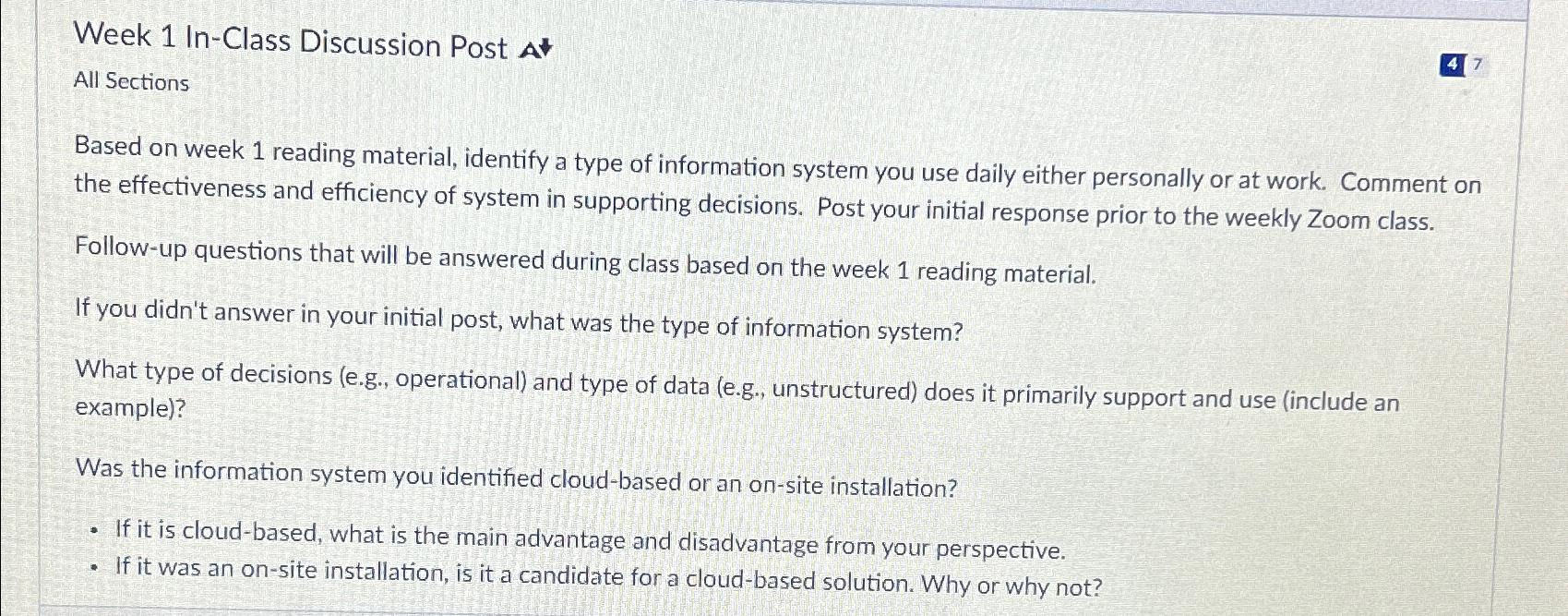 Solved Week 1 ﻿In-Class Discussion PostAll SectionsBased on | Chegg.com