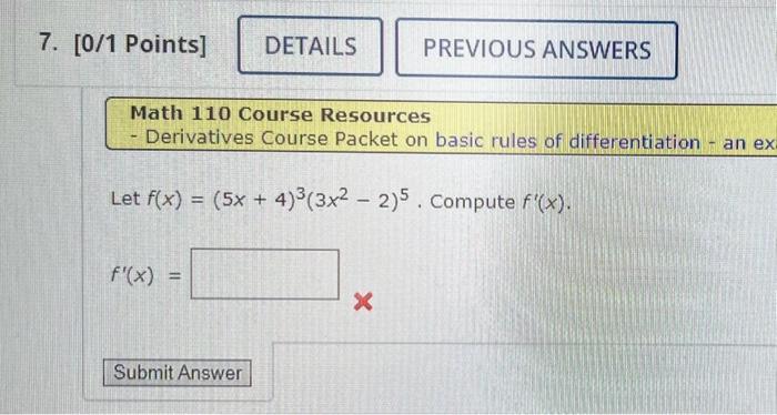 Solved Math 110 Course Resources - Derivatives Course Packet | Chegg.com