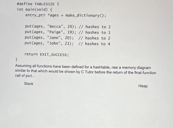 Solved \#define TABLESIZE 5 int main(void) \{ entry_ptr | Chegg.com
