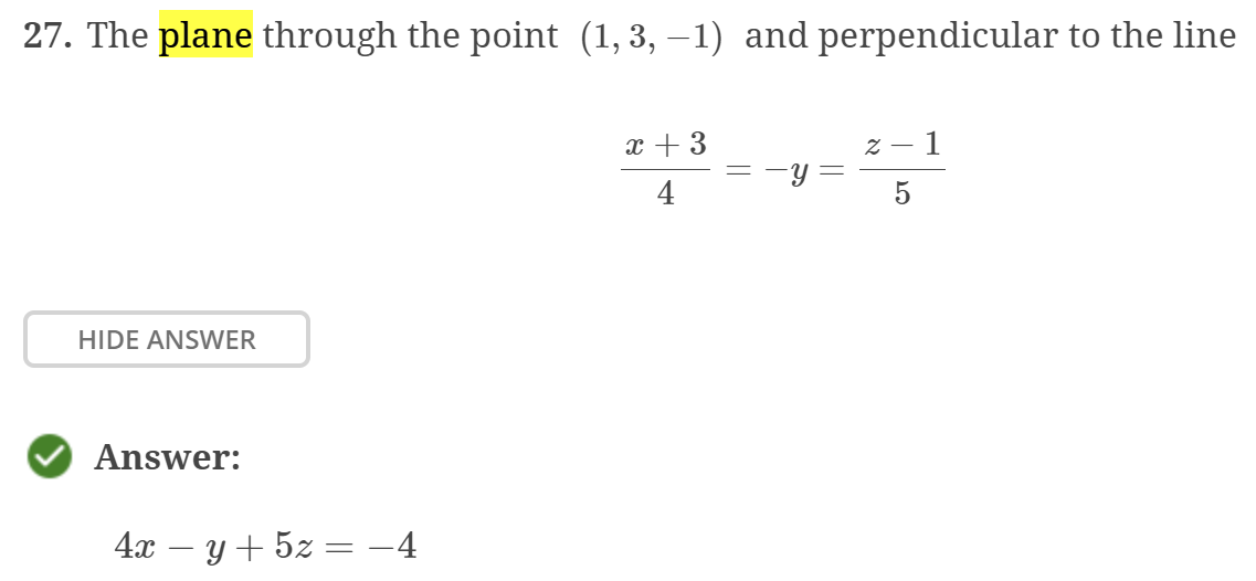 Solved The plane through the point (1,3,-1) ﻿and | Chegg.com