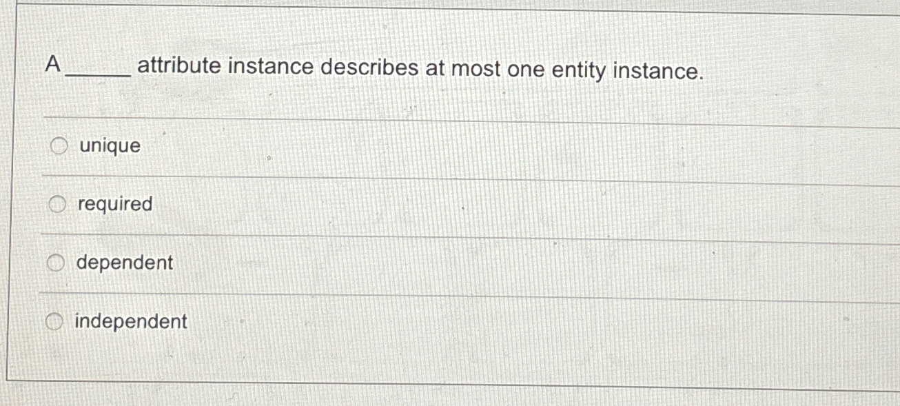 Solved A attribute instance describes at most one entity | Chegg.com