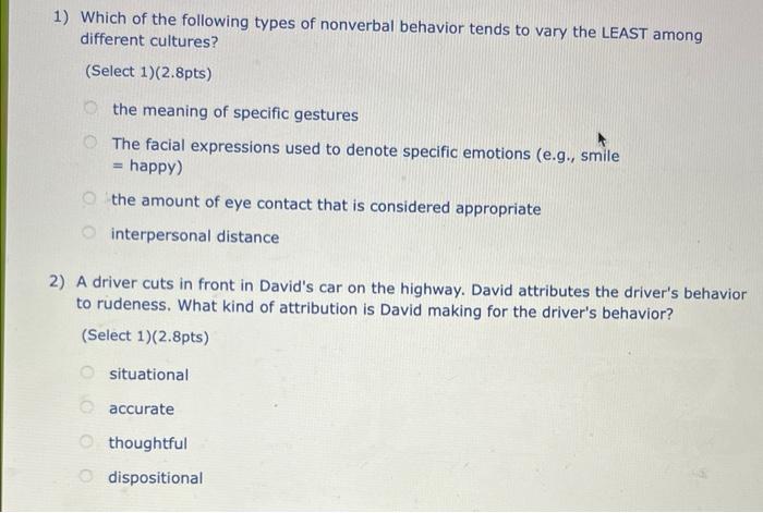 Solved 1) Which of the following types of nonverbal behavior | Chegg.com