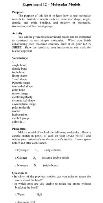 Solved Experiment 12 - Molecular Models Purpose: The purpose | Chegg.com
