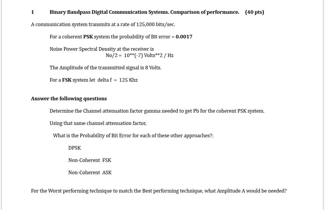 Solved 1 Binary Bandpass Digital Communication Systems. | Chegg.com