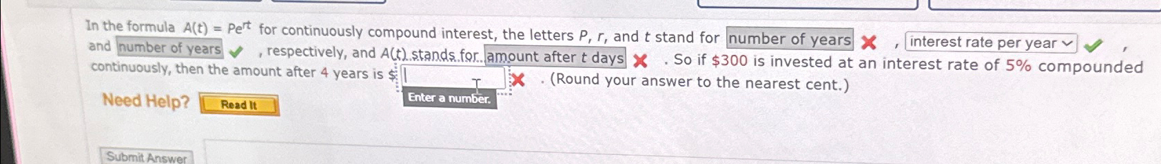Solved In the formula A(t)=Pert ﻿for continuously compound | Chegg.com