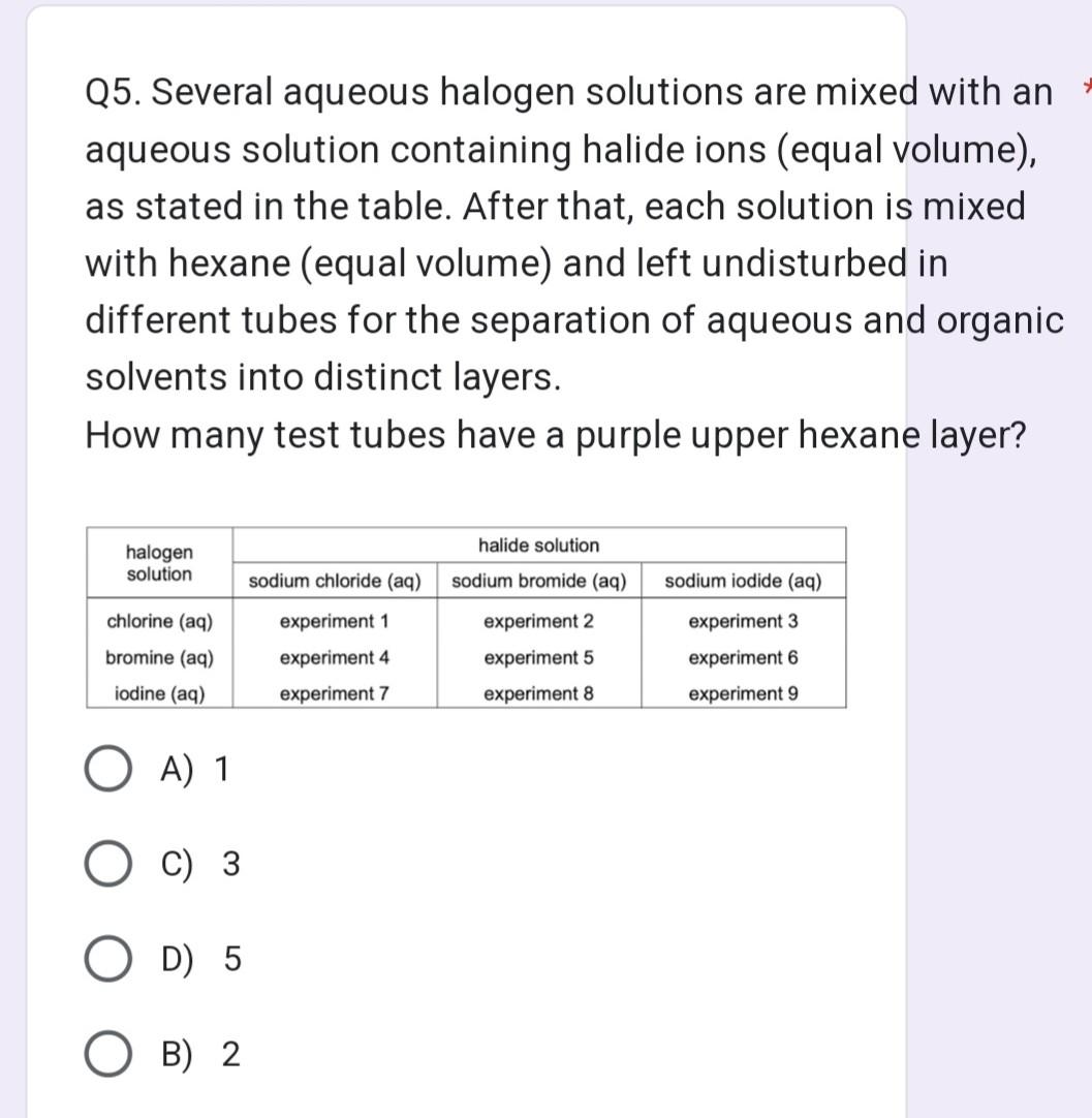 Solved Q5. Several aqueous halogen solutions are mixed with | Chegg.com