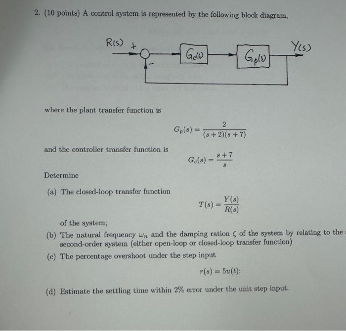 Solved 2. (10 points) A control system is represented by the | Chegg.com