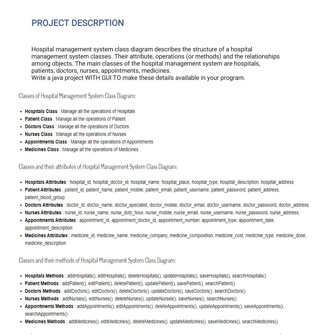 Solved PROJECT DESCRPTION Hospital management system class | Chegg.com