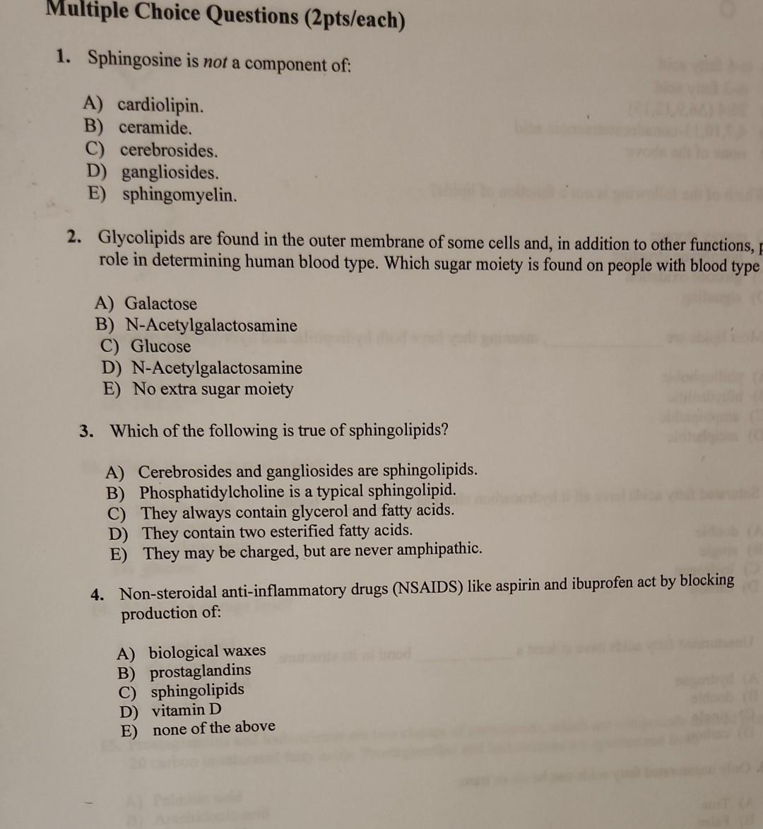 Solved Multiple Choice Questions (2pts/each) 1. Sphingosine | Chegg.com
