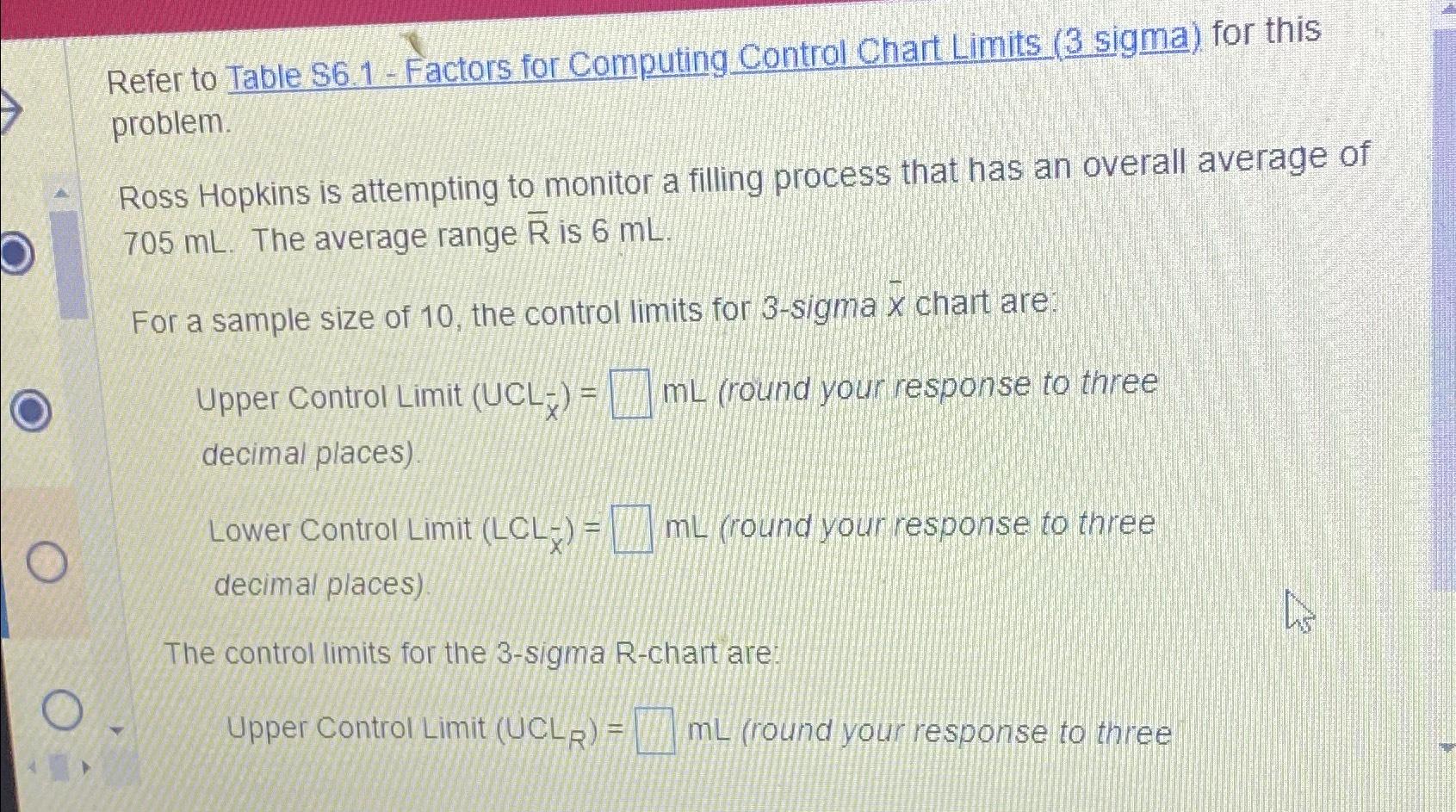 Solved Refer to Table S6.1 - ﻿Factors for Computing Contral | Chegg.com