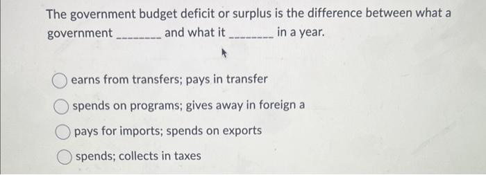 Solved The government budget deficit or surplus is the | Chegg.com