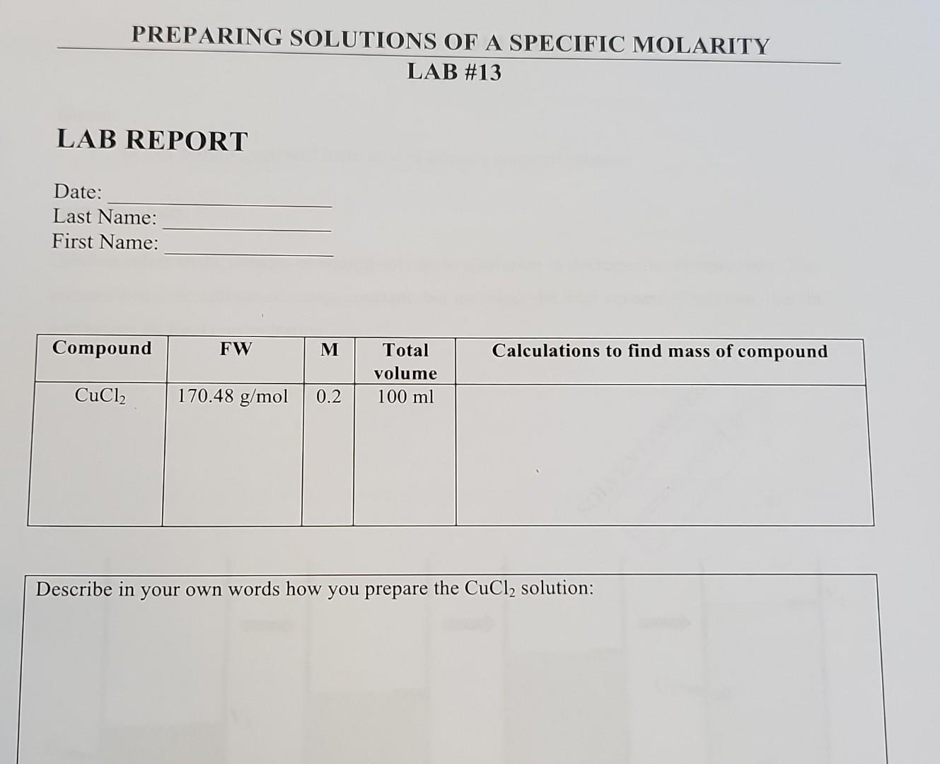 Solved PREPARING SOLUTIONS OF A SPECIFIC MOLARITY LAB | Chegg.com