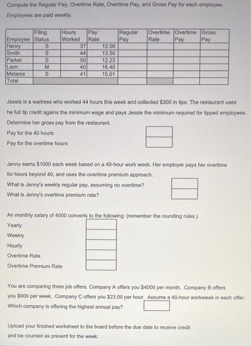 Solved Compute the Regular Pay, Overtime Rate, Overtime Pay, | Chegg.com