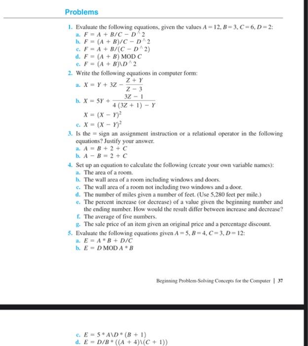 Solved 1. Evaluate the following equations, given the values | Chegg.com