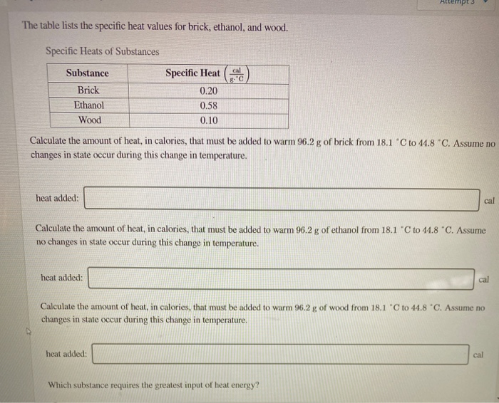 Solved the table lists the specific heat values for brick, | Chegg.com
