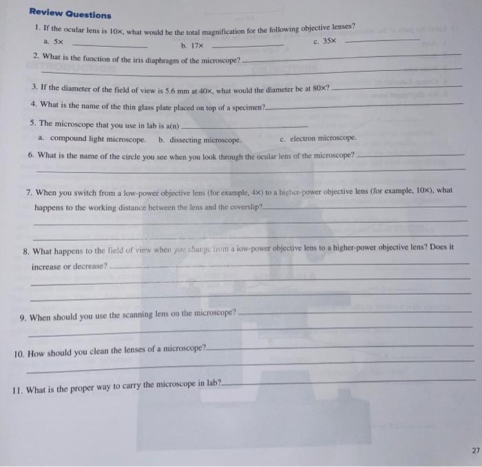 Solved Review Questions 1. If the ocular lens is 10x, what | Chegg.com