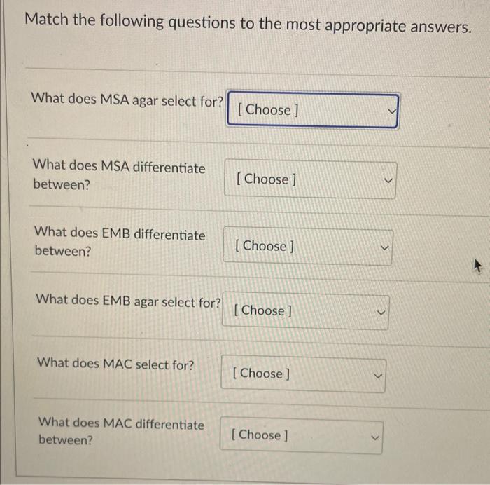 Solved Match the following questions to the most appropriate | Chegg.com