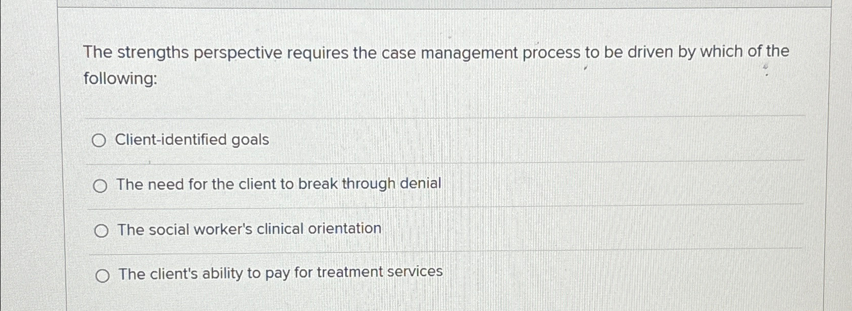Solved The strengths perspective requires the case | Chegg.com