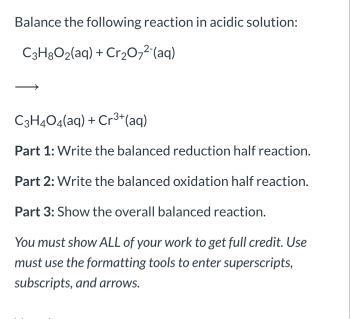 Solved Balance the following reaction in acidic solution: | Chegg.com