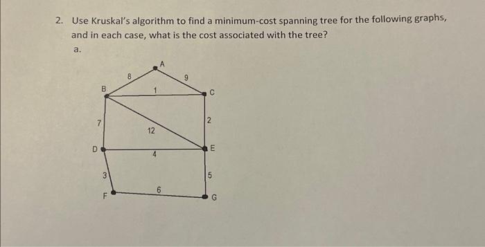 Solved 2. Use Kruskal's algorithm to find a minimum-cost | Chegg.com
