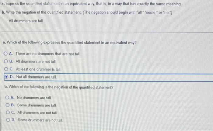 Solved a. Express the quantified statement in an equivalent | Chegg.com