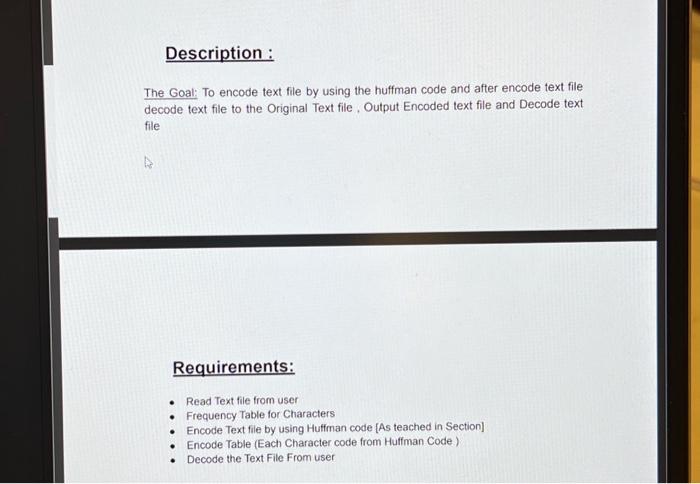 Solved The Goal: To encode text file by using the huffman | Chegg.com