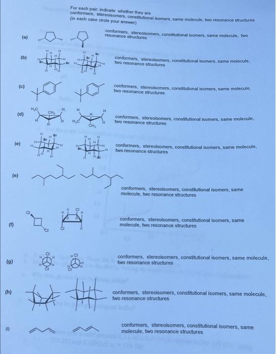 Solved For each pair indicate whether they are conformers, | Chegg.com