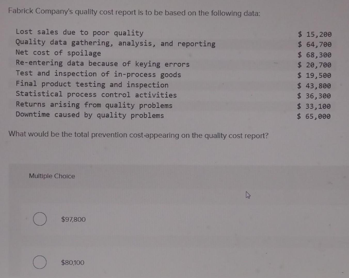 Solved What would be the total prevention cost appearing on | Chegg.com