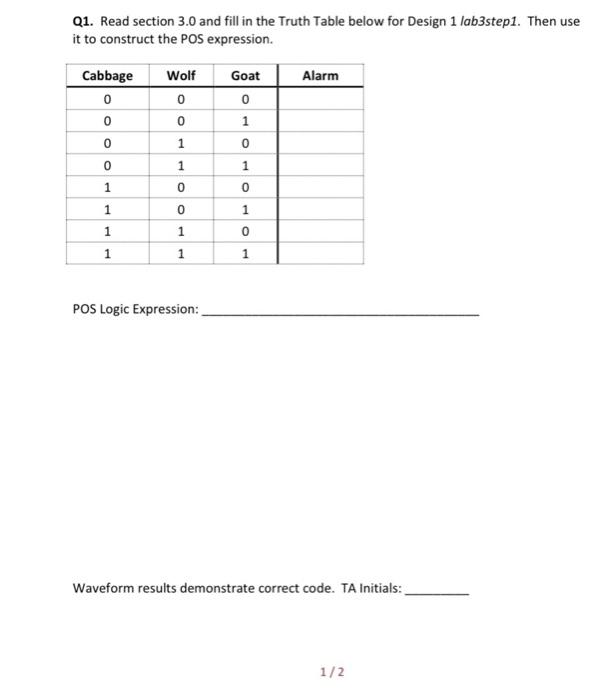Q1. Read section 3.0 and fill in the Truth Table | Chegg.com