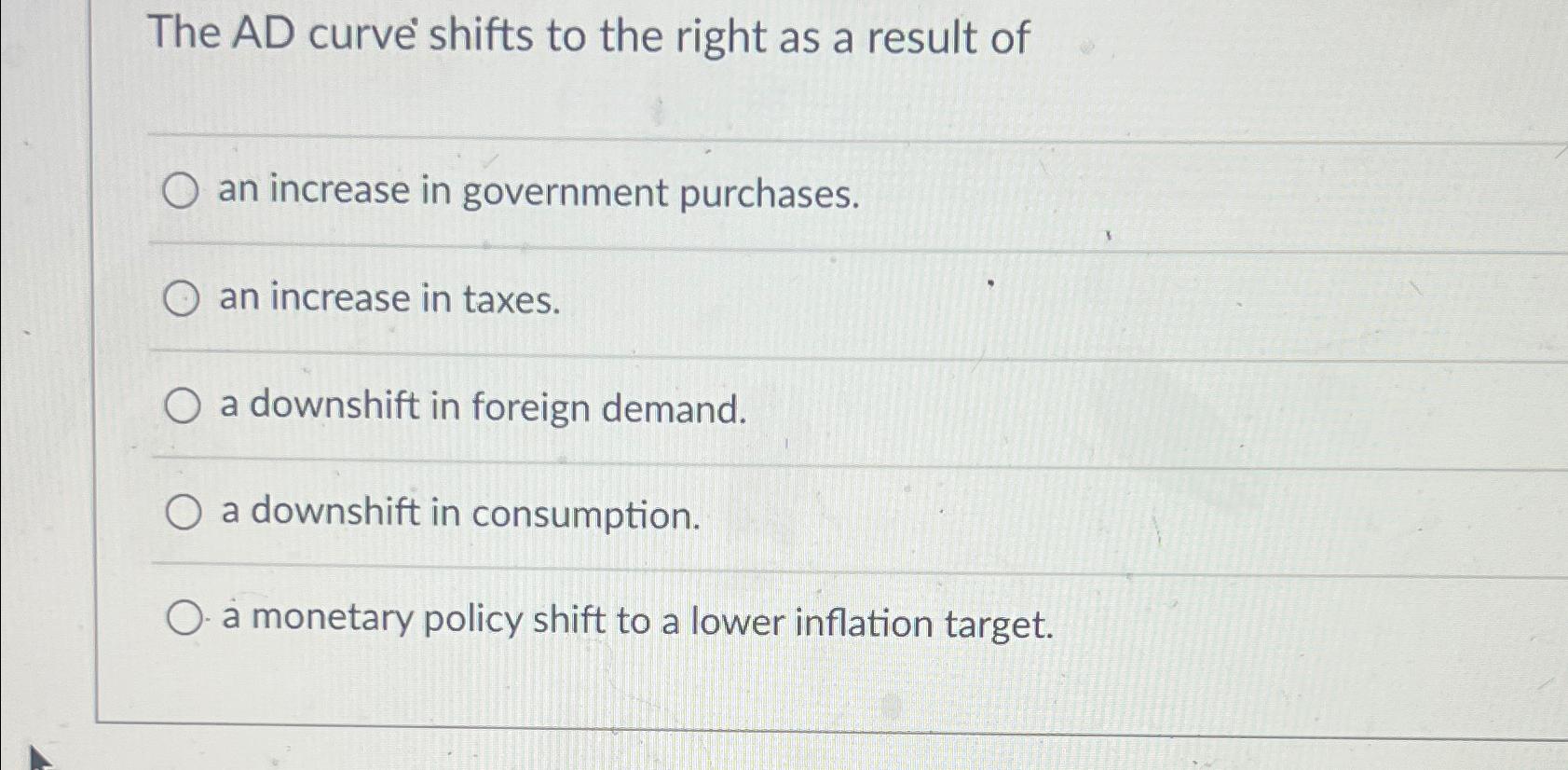 Solved The AD curve shifts to the right as a result ofan | Chegg.com
