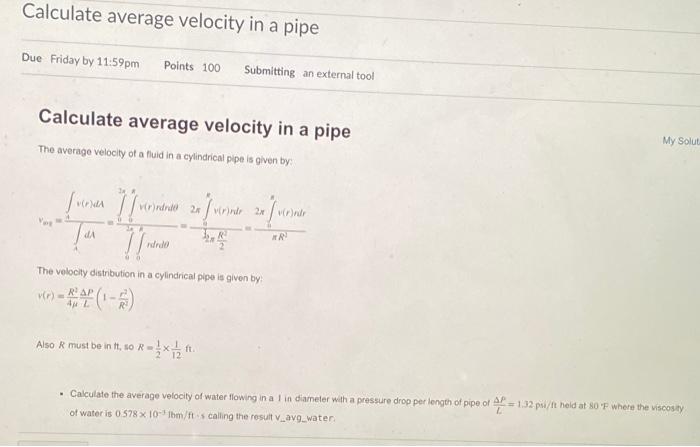 Solved Calculate average velocity in a pipe Due Friday by | Chegg.com