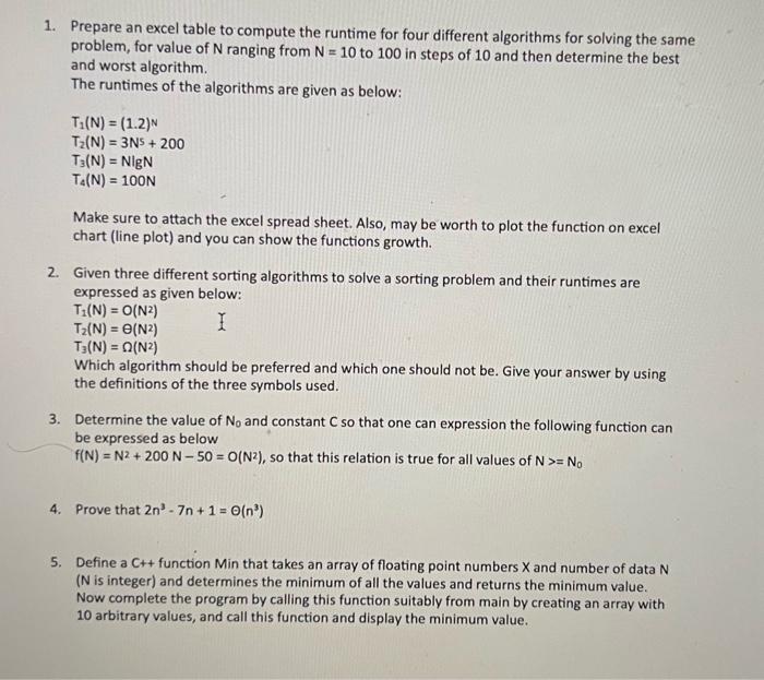 Solved 1. Prepare an excel table to compute the runtime for | Chegg.com