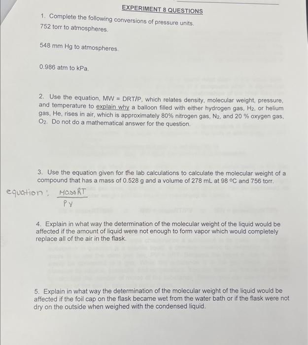 Solved EXPERIMENT 8 QUESTIONS 1. Complete the following | Chegg.com
