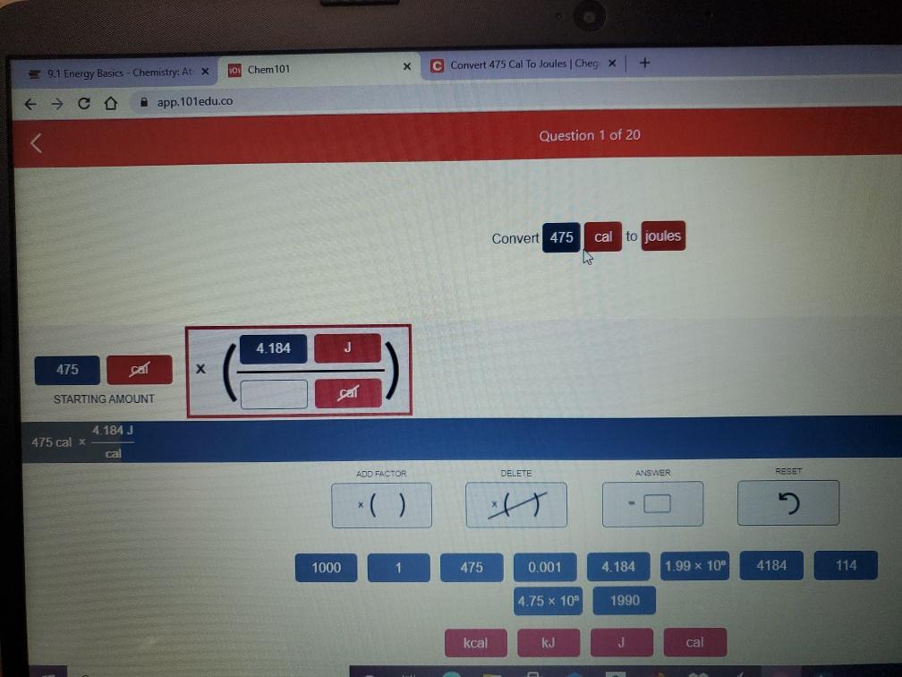 Solved + C Convert 475 Cal To Joules Cheg X 9.1 Energy | Chegg.com